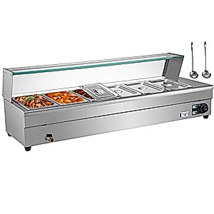VEVOR 110V Bain Marie Food Warmer 6 Pan x 1/3 GN, Food Grade Stainelss Steel Commercial Food Steam Table 6-Inch Deep, 1500W Electric Countertop Food Warmer 42 Quart with Tempered Glass Shield