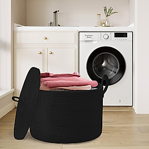 HONCESTA 18" X 14" Large Black Basket with Lid, Cotton Rope Storage Basket for Blanket, Toy, Pillow, Towel, Living Room Bedroom Storage Bin, Wicker Woven Basket, All Black Organizing Basket with Cover