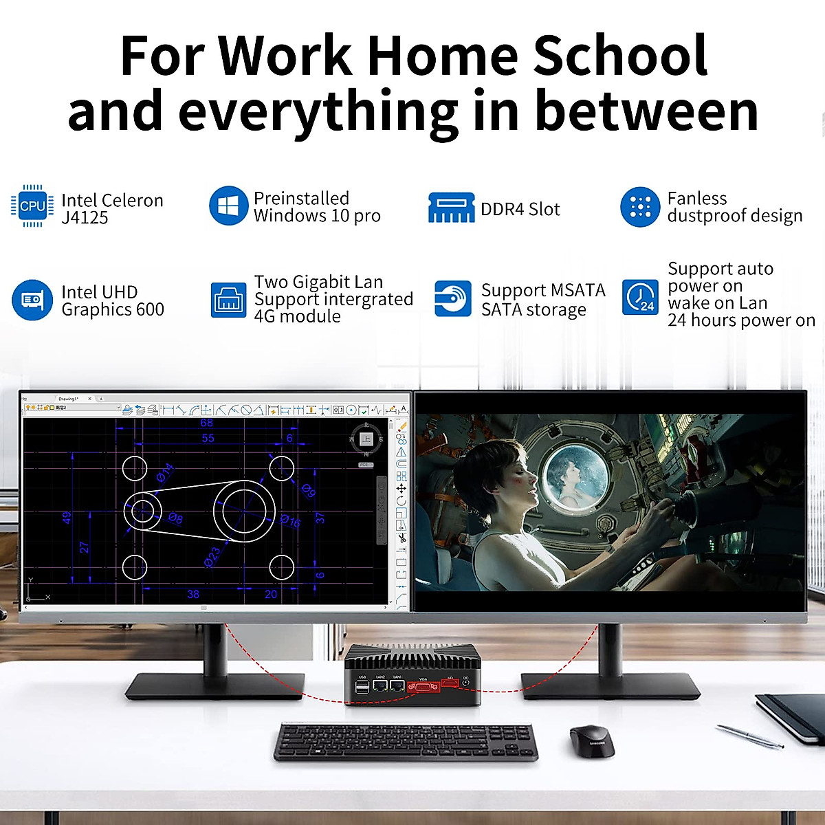 Kinupute Industrial Mini PC, Fanless Desktop Computer Celeron J1900 2.0-2.42GHz, Windows 10 Pro, 8GB RAM, 256GB SSD, 2xNICs, 2xCOM, HDMI/VGA Port, 2.4G+5G WiFi for Industry Office HTPC, Support Linux