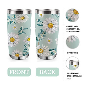 Zzkol Daisy Flowers Tumbler with Lid and Straw, Floral Stainless Steel Travel Coffee Cup, Birthday Mug Gifts for Women Daisy Lovers, 20oz Double Wall Vacuum Insulated Tumbler