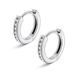 Small Huggie Hoop Earrings for Women 10mm-14K White Gold Plated Cubic Zirconia Cuff Hoop Earrings 925 Sterling Silver Post Hypoallergenic Cartilage Earring for Women(Silver)