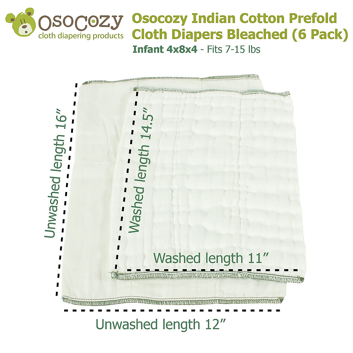 OsoCozy Prefolds Bleached Cloth Baby Diapers, Size 1 (7-15 lbs), Soft, Absorbent and Durable 100% Natural Cotton, Our Top Selling Diaper Service Quality Prefolds - (6 Pack)