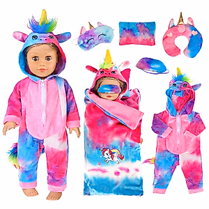 ebuddy 18 inch Doll Clothes 18 Inch Doll Accessories-Unicorn Doll Costume Colorful Tie-Dyed Pajamas Sleeping Bag Set for 18 inch Girl Doll,Most 18 Inch Dolls(No Doll)