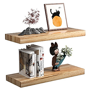 16.5in Floating Shelves, Natural Solid Wood Shelf Set of 2, Wall Shelves with Invisible Brackets, Rustic Wooden Wall Mounted Shelves for Bedroom/Living Room, Hold Up to 25lbs, Renter Friendly