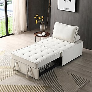 FIQHOME Pull Out Sofa, Small Tufted Velvet Convertible Couch, Easy to Assembly Faux Leather Single Bed with Removeable Backrest for Living Room Apartment (Beige+Fabric)
