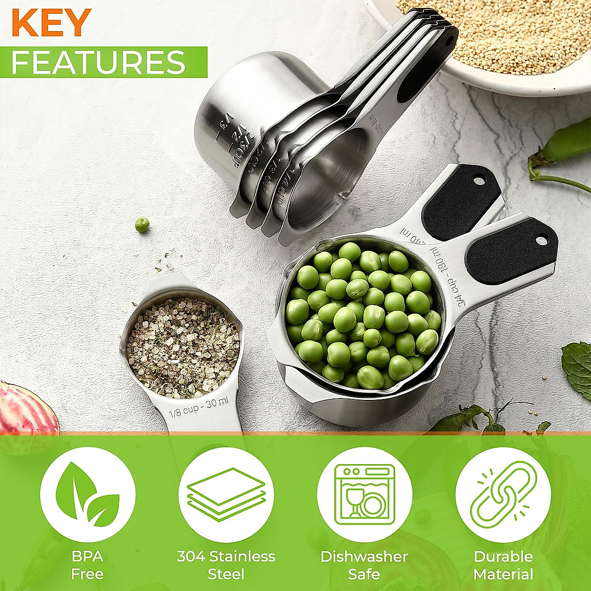 Spring Chef Magnetic Stainless Steel Measuring Cups (Patent Pending), Kitchen Tools with Easy to Read Markings for Measuring Dry or Liquid Ingredients, Set of 7, Black