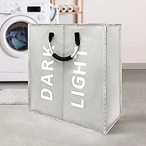 Hampers for Laundry 2 Compartment, Narrow Laundry Basket with Handle, Hampers for Clothes,Baby Laundry Separator Hamper,Foldable Hamper with Divider Hamper for Dorm Room, Grey