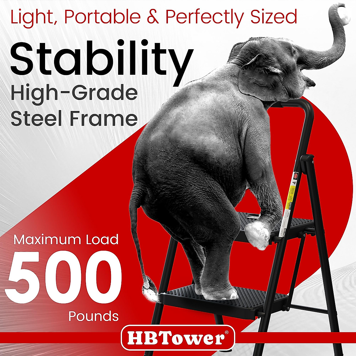 HBTower 2 Step Ladder, Folding Step Stool with Wide Anti-Slip Pedal, Sturdy Steel Ladder, Convenient Handgrip, Lightweight 500lbs Portable Steel Step Stool, Black