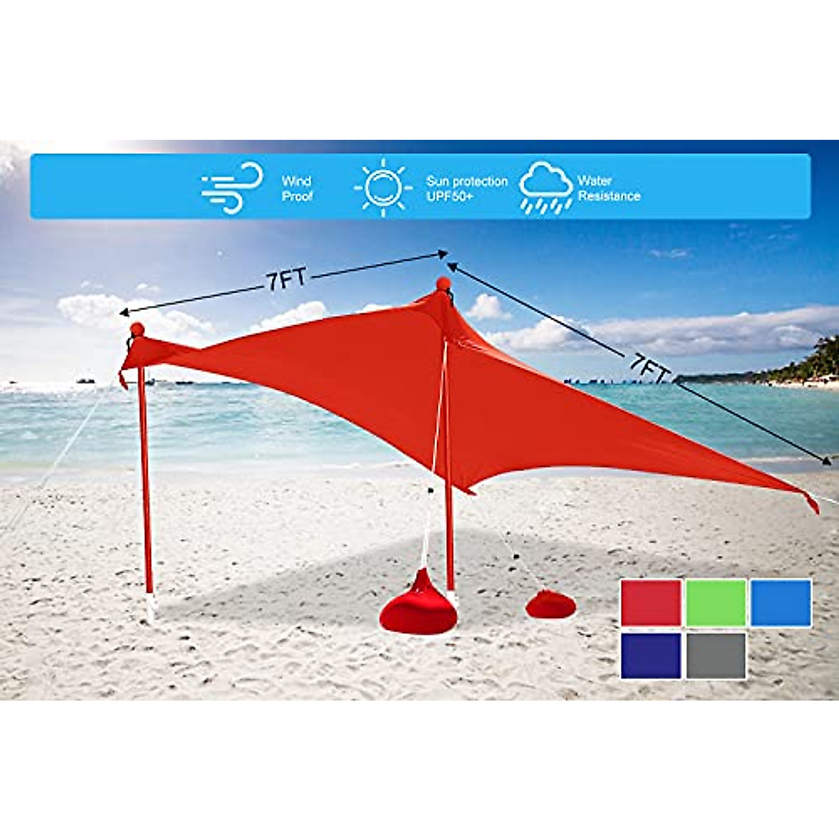 ABCCANOPY Beach Portable Sun Shelter for Beach, Camping Trips (7x7 FT, Red)