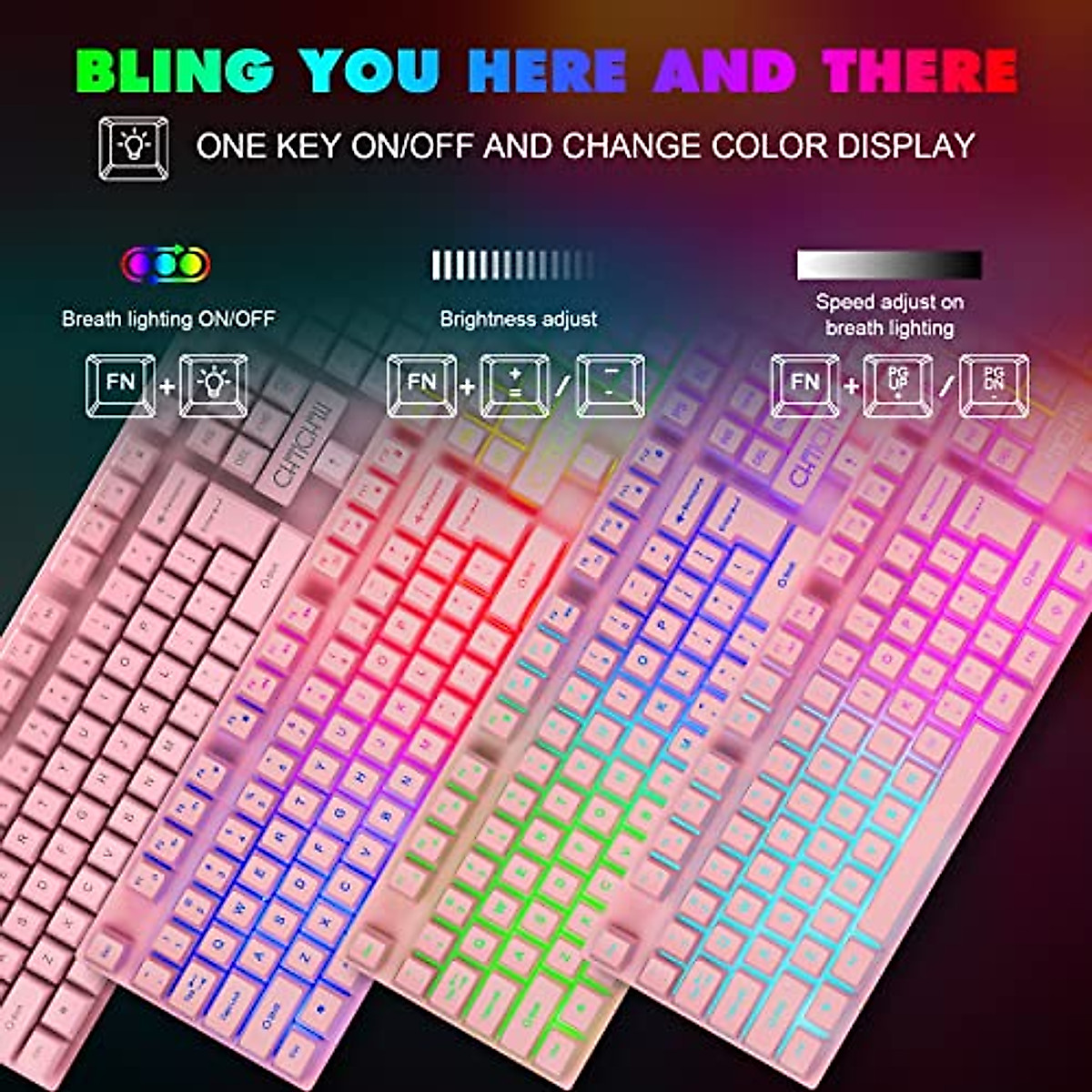 Pink Keyboard and Mouse Gaming Setup USB Wired Kawaii Combo Multi Color RGB Backlit Non-Conflict Brown Mechanical Switch Feel 4200DPI Mice for PC Game Host PS4 PS5 Computer