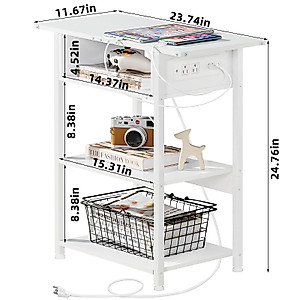 Lerliuo Side Table with Charging Station，Narrow End Table with USB Ports and Outlets,White Skinny Nightstand with Open Storage Shelf for Small Space，Slim Sofa Bedside Table for Living Room Bedroom