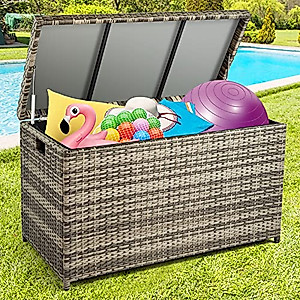 COSVALVE 130 Gallon Deck Box, Wicker Rattan Outdoor Storage Box, Patio Garden Furniture Container with Waterproof Cover for Outdoor Cushions & Pillows, Pool Toys, Garden Tools, Sports Equipment Supplies (Grey)
