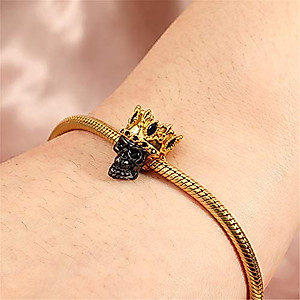 GNOCE Crown Skull Charm Bead Sterling Silver 18K Gold Plated Black Charm Bead Fit Bracelet/Necklace for Women Wife