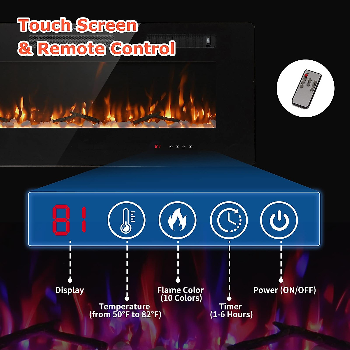 FODINGHILL 60" Insert Wall Mounted Electric Fireplace, Low-Noise Fireplace Heater Mantel Features a Touch Screen, Timer, Adjustable Flame Color, 700W / 1400W