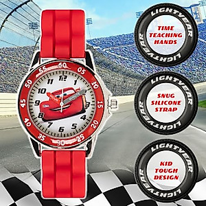 Disney Pixar Cars Kids' Time-Teaching Watch – Lightning McQueen Design with Red Silicone Strap, Easy-to-Read Dial, and Adjustable Fit for Wrists 5.5" to 8"