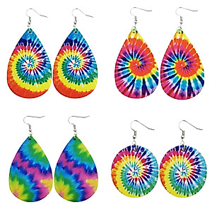 4 Pairs Colorful Tie Dye Double Printed Leather Dangle Earrings Set Lightweight Bohemian Teardrop Earrings for Women Jewelry(A)