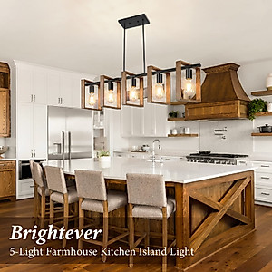 53’’ Farmhouse Kitchen Island Lighting, 5-Light Adjustable Dining Room Light Fixtures, Rustic Wood Chandeliers Black Hanging Light Fixtures for Kitchen, Pool Table Lights, Bulbs Not Included
