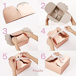 ROSEGLD 10 Gift Boxes 8x8x4 Inches, Gift Boxes with Ribbons, Bridesmaid Gift Boxes with Lids for Light Weight Gifts (Glossy Rose Gold with Grass Texture)