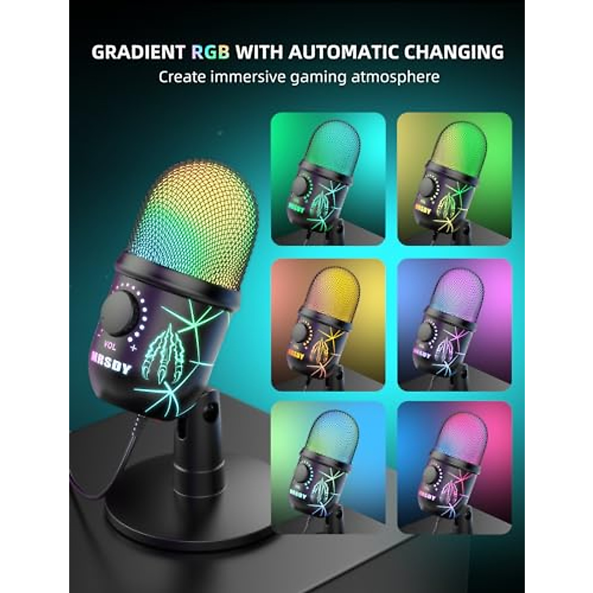 MRSDY USB Microphone, Plug and Play Gaming Mic for PC, Mac, PS4/5, Podcast Microphone with RGB, Mute, Monitor, Noise Reduction, Volume Gain, Great for Recording, Streaming