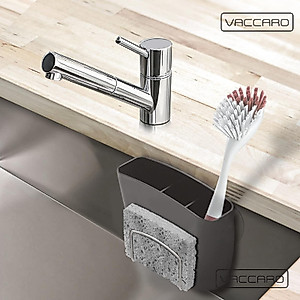 VACCARO Kitchen Sink Caddy, Plastic Caddy for Kitchen Sink with 3 Storage Compartments & Sponge Holder, Rustproof Kitchen Sink Organizer for Place Soap, Sponge, Scrubber Brush, Dishcloth, Grey