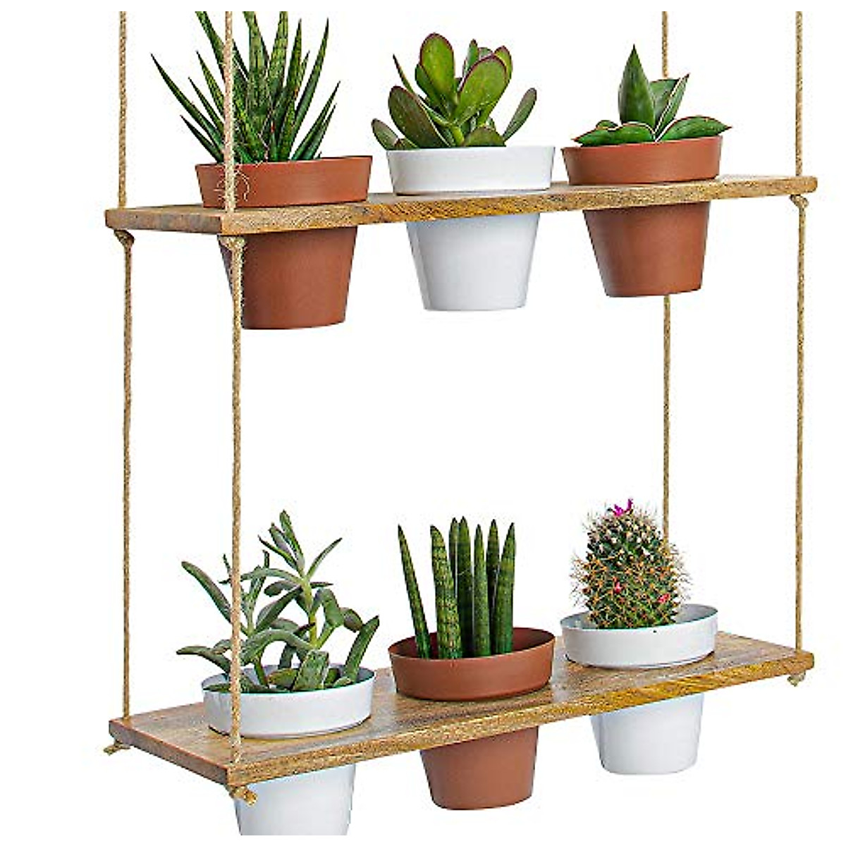 kimisty Wall Hanging Herb Planters, 3 Tiered Vertical Planter Shelf with Metal Pot Set, Indoor Garden, Wood Herb Garden for Kitchen, Vertical Hanging Planters Wall Hanging - Terracotta & White Pots