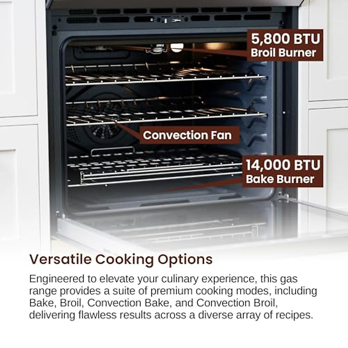 RANGAIRE RRG303TS 30" Gas Range, 5 Sealed Burners, 5.0 cu. Ft. Capacity, Freestanding Slide-in Convection Oven, Easy Reach Racks, Clock and Timer, Stainless Steel