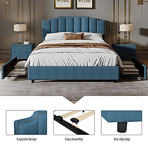 Queen Size Upholstered Platform Bed Frame with 2 Storage Drawers & Adjustable Rivets Headboard, Linen Bed Frame with Extra Dome Bed Canopy for Boys Girls Teens, No Box Spring Needed (Blue)
