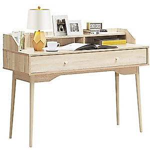 Tangkula Mid Century Desk with Storage Drawer, Writing Study Computer Desk with Hutch, Wooden Study Table PC Workstation, Home Office Desk Kid’s Desk for Bedroom (Natural)