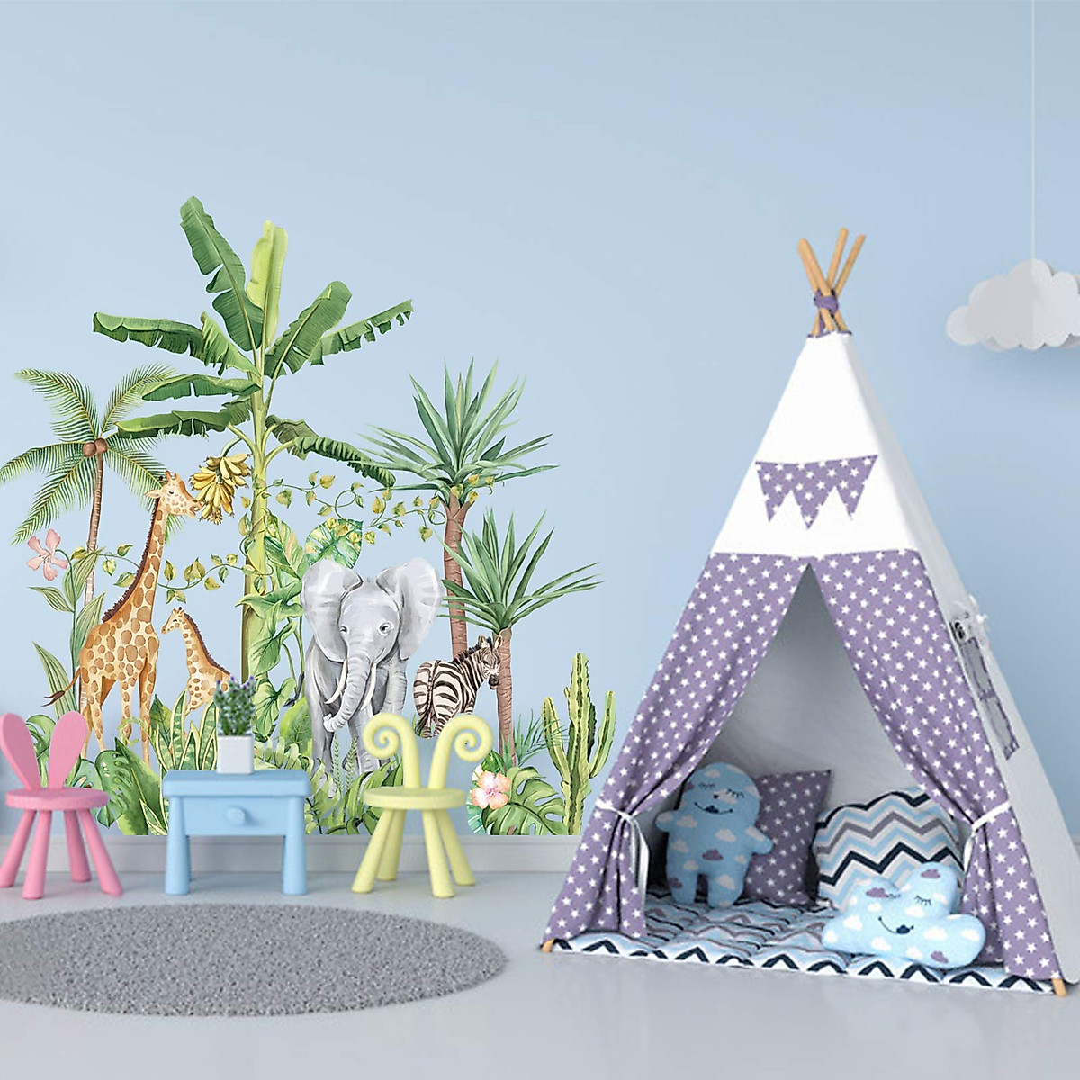 Tropical Rainforest Animals Plants Wall Stickers, AUHOKY Removable Cartoon Elephant Giraffe Nordic Plant Wallpaper Decor, Peel and Stick Art Murals for Kids Bedroom Background Nursery Home Decorations