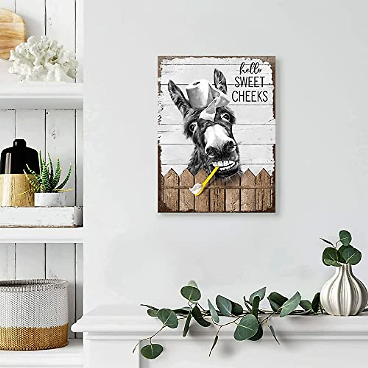 Farmhouse Bathroom Decor Wall Art Funny Donkey Bathroom Wall Art Donkey Bite Toothbrush Pictures for Wall Rustic Animal Canvas Print Framed Artwork for Washroom Bathroom Wall Decor 12x16 Inch