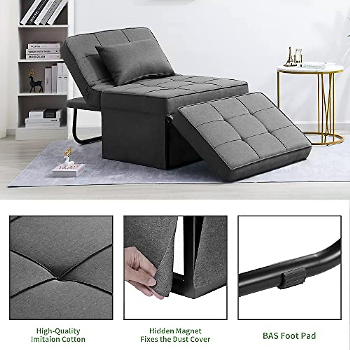 Sofa Bed, 4 in 1 Multi-Function Folding Ottoman Breathable Linen Couch Bed with Adjustable Backrest Modern Convertible Chair for Living Room Apartment Office, Dark Grey