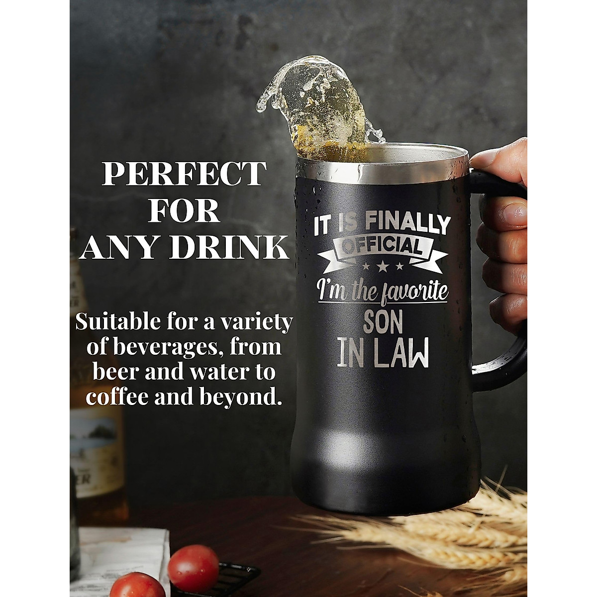 Onebttl Son in Law Gifts from Mom Dad, Parent, Father, Mother for Engagement, Wedding, Marriage, Stainless Steel Beer Stein Tumbler, 24oz Beer Mug with Lid