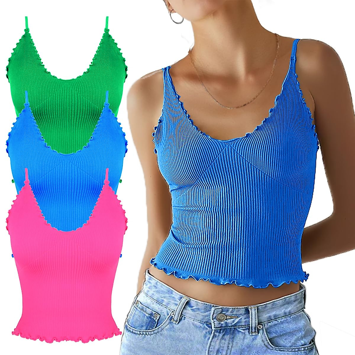 CHYRII Womens 3 Pack Ruffled V Neck Cropped Tops Workout Basic Ribbed Camisole Tank Tops Hot Pink + Green + Indigo Blue M