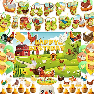 Chicken Birthday Decorations Chicken Party Supplies Set with Chicken Birthday Banner Backdrop Spirals Cake Cupcake Toppers Balloons for Chicken Party Decorations Farm Baby Shower Decorations