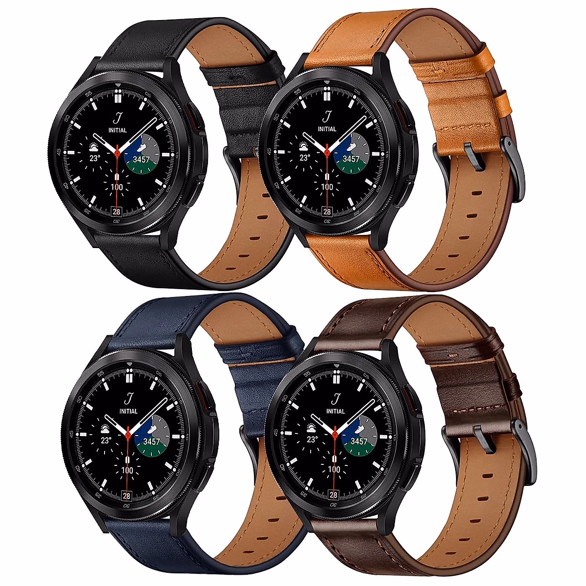 （4 Pack） Leather Band for Galaxy Watch 5 Pro 45mm/4 Classic 46mm 42mm Bands, 20mm Watch Strap Compatible for Samsung Galaxy Watch 5/4 40mm 44mm/Active 2/3 41mm Band, Brown,Coffee,Black,Blue