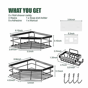 AIFEIVICO Corner Shower Caddy, 3-Pack Adhesive Shower Shelves with Soap Holder, Large Rustproof Carbon Steel Bathroom Shower Organizer with 4 Hooks, No Drilling Wall Mounted Shower Rack (Black)
