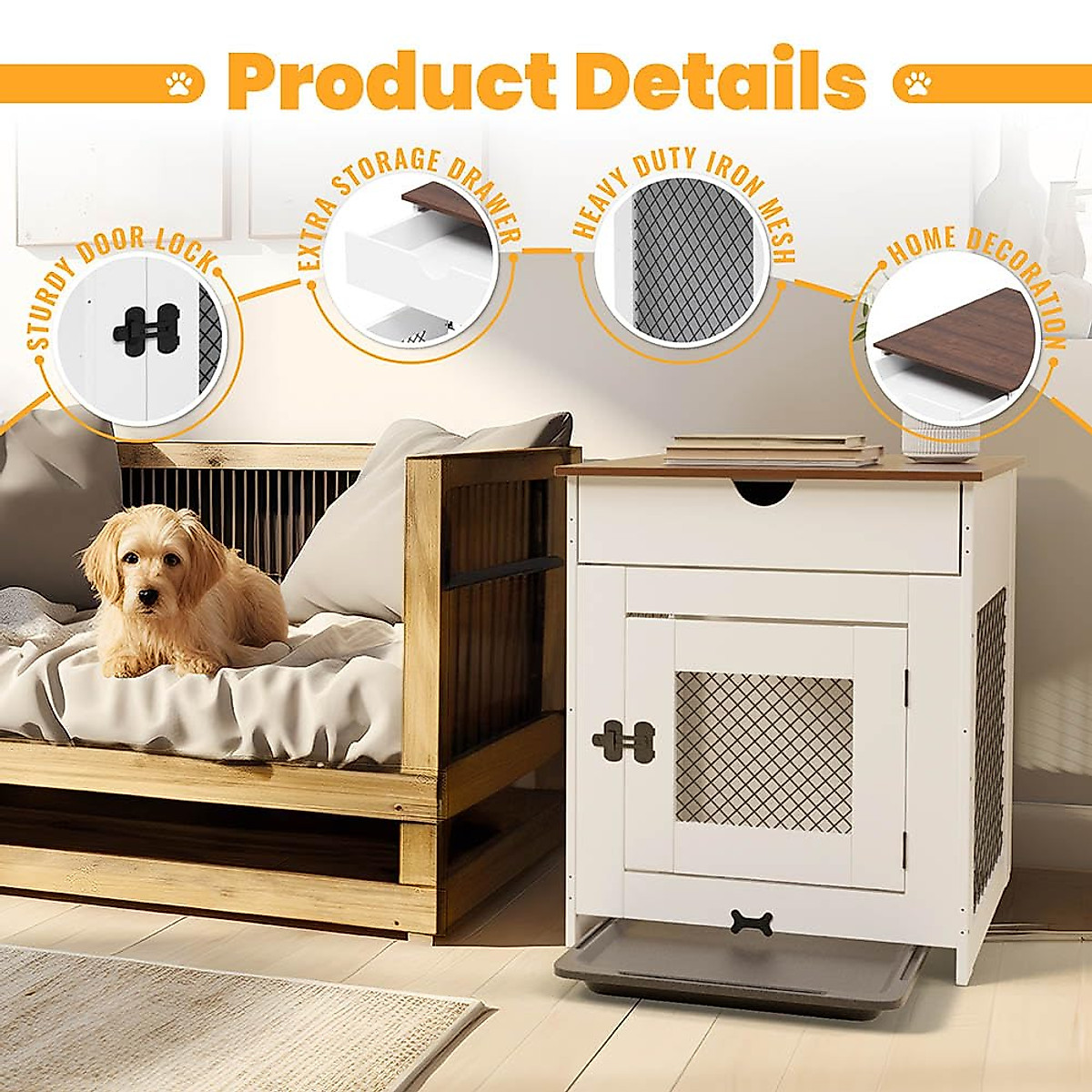 DYTREND Dog Kennel Furniture Wooden Furniture-Style Dog Crate End Table with Drawer | Dog cage for Small Dogs Indoor | White Dog Cage | Chew-Resistant Design