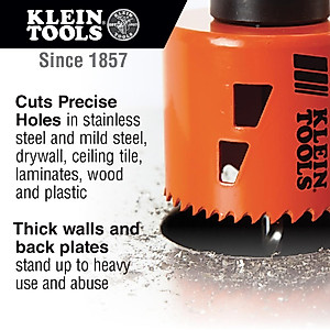 Klein Tools 31928 Bi-Metal Hole Saw, 1-3/4-Inch for Cutting Stainless Steel, Mild Steel, Drywall, Wood and Plastic, with Easy Slug Removal