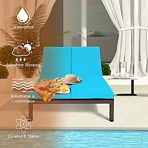 Tangkula 2-Person Patio Lounge Chair, Outdoor Rattan Double Wicker Daybed Chaise Lounge Chair with Adjustable Backrest Wheels & Cushion, Patio Sofa for Garden Lawn Backyard (Turquoise)