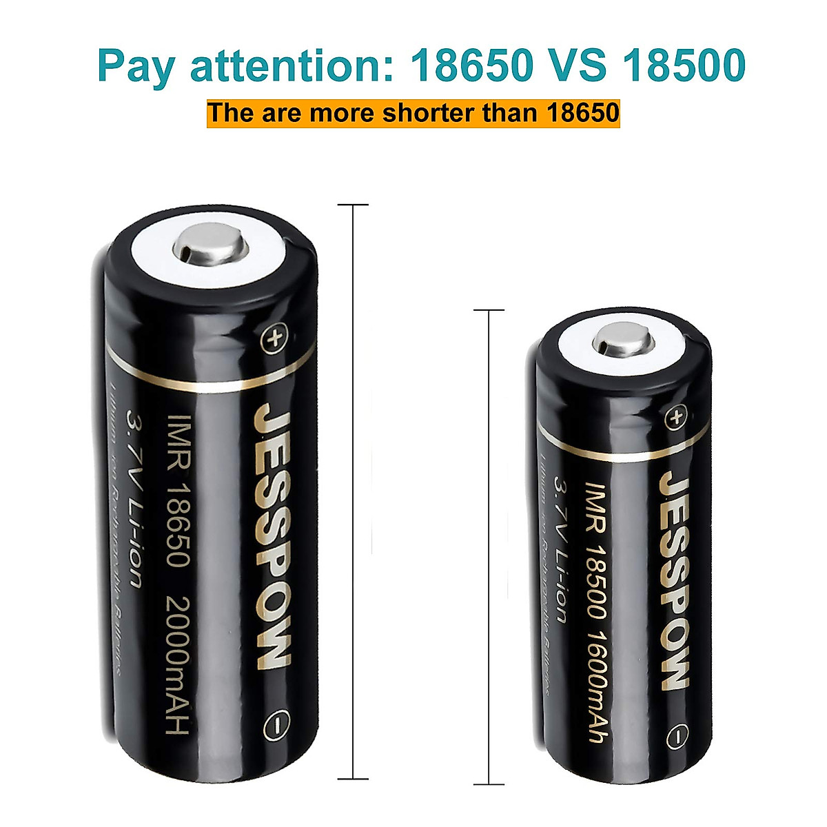 JESSPOW 18500 Rechargeable Batteries, IMR 18500 Rechargeable Li-ion Battery 1600mAh 3.7V [ for Flashlight, Solar Garden Light ] with Button Top (4Pack)