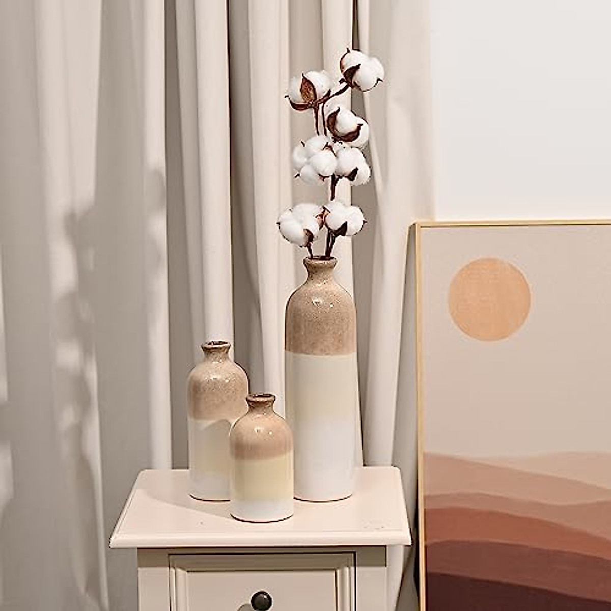 TERESA'S COLLECTIONS Beige Vase Set, Rustic Farmhouse Ceramic Vases for Mantel Decor, Decorative Flower Vases for Centerpieces, Shelf, Living Room, Ideal Gifts for Fathers Day and Dad-Set of 3, 10"