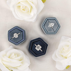 Koyal Wholesale Hexagon Velvet Wedding Ring Box, 1 Slot Velvet Ring Box Holder, Wedding Ring Boxes for Ceremony, Proposal, Engagement, Ring Bearer, Dusty Blue