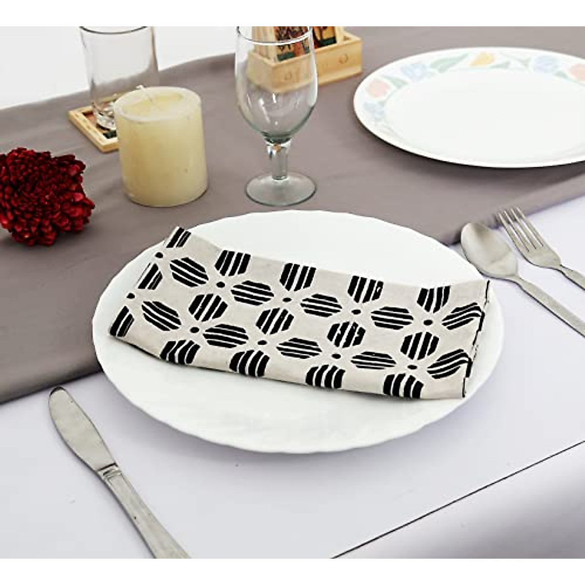 Taran Geometric Beige Print Cotton Dinner Napkins Set of 12 | 18x18 Inches | 100% Natural, Reusable Linens for Dinner, Events, Weddings