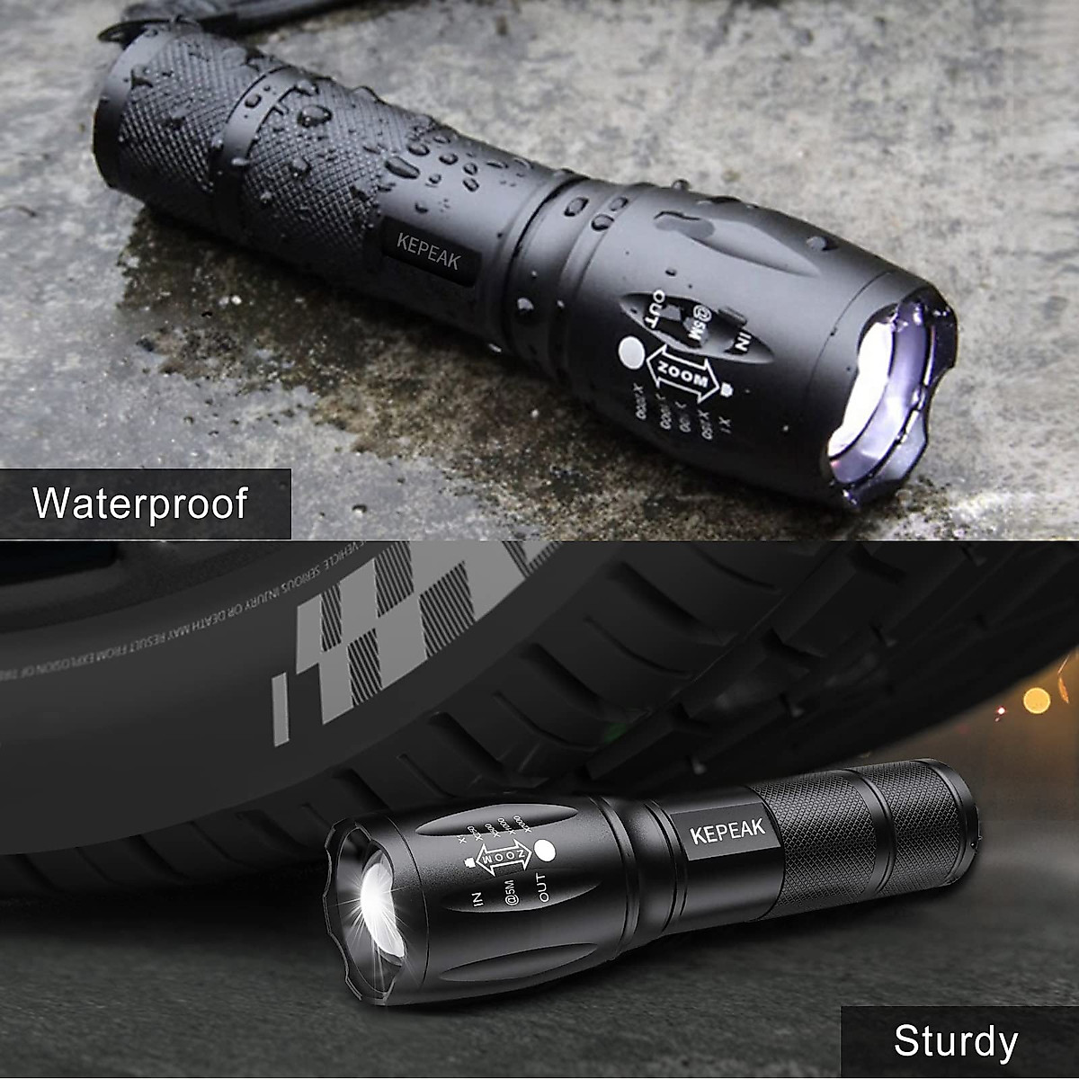 KEPEAK Flashlight, 5 Modes Tactical LED Flashlight, High Lumen IPX5 Water Resistant Flashlight for Camping, Outdoor Hiking, Emergency
