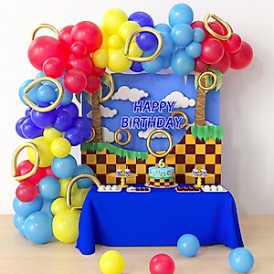 HYOWCHI Cartoon Hedgehog Birthday Party Supplies - 128 Pcs Blue Theme Hedgehog Balloon Arch Kit, Red Blue Yellow Latex Balloon Garland Arch For Cartoon Hedgehog Birthday Baby Shower Decorations