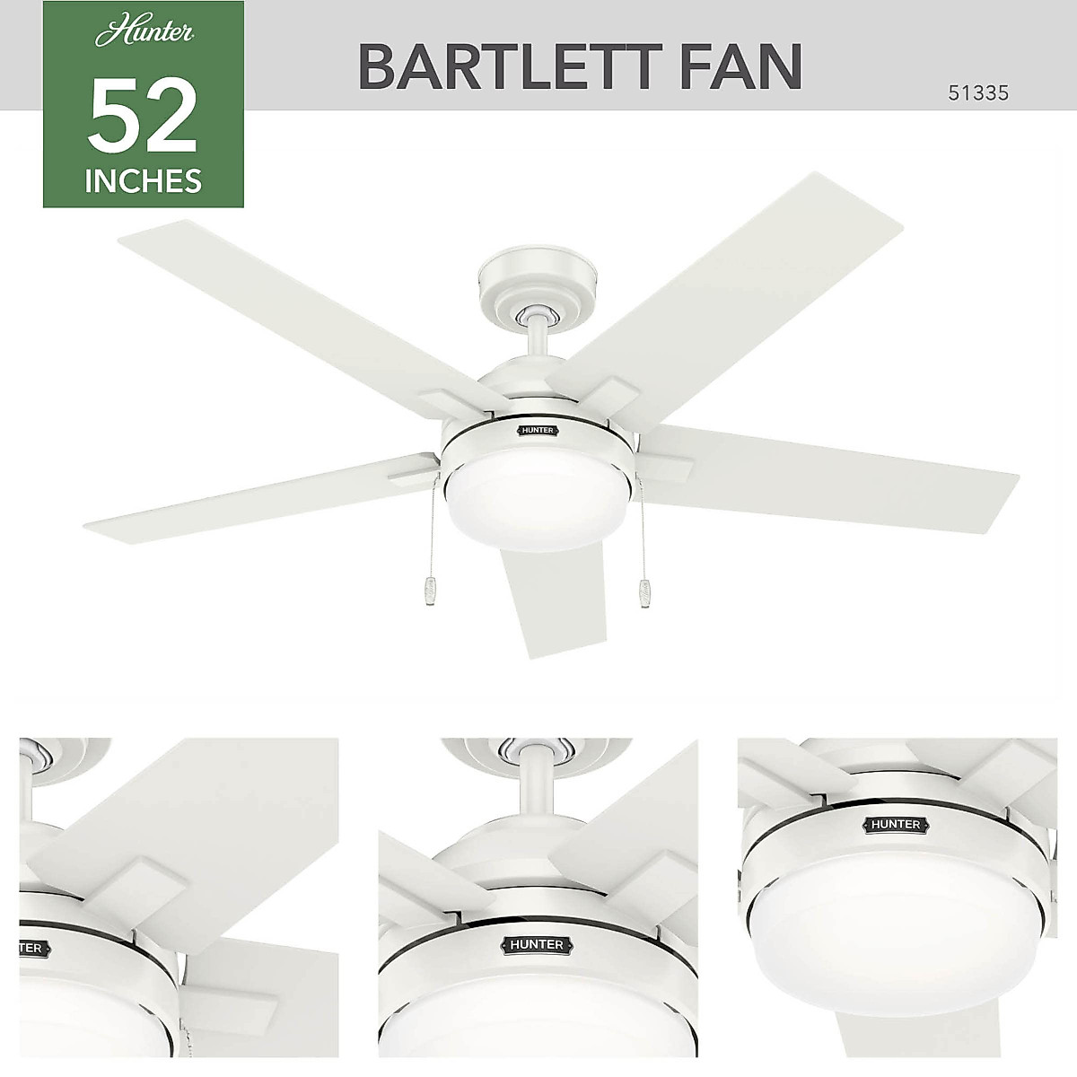 Hunter Bartlett Indoor Ceiling Fan with LED Light and Pull Chain Control, 52", Fresh White