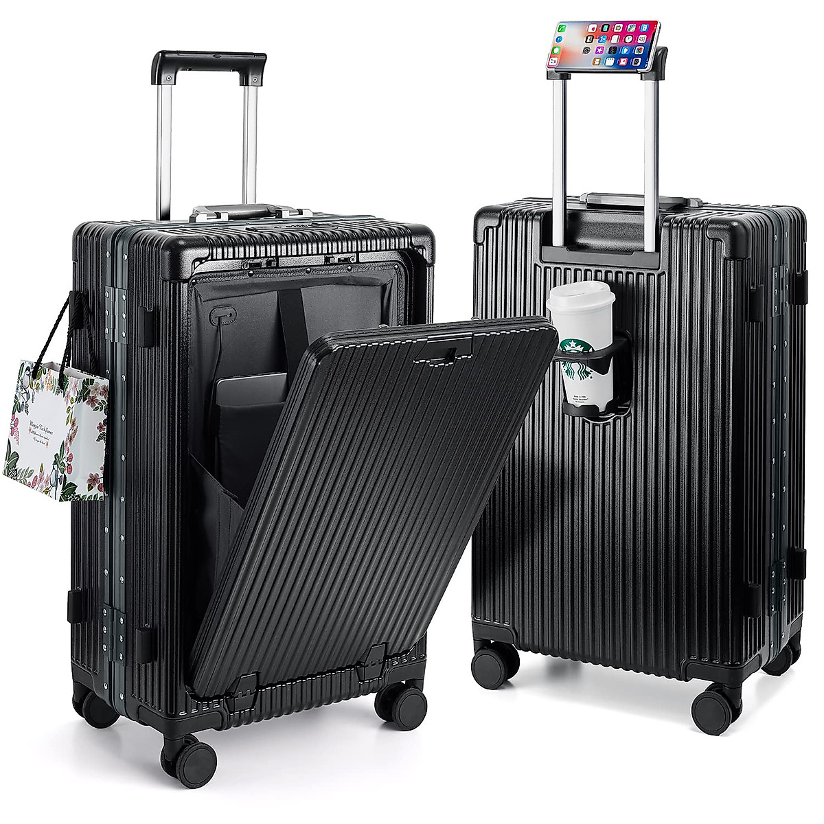 MRPLUM Front Pocket Carry On Luggage,PC Hardside Spinner Wheel Suitcase with TSA Lock, Cup Holder,Phone Holder&USB Charging Port,20 inch,Black