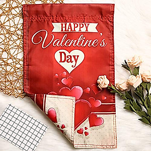 Happy Valentines Day Garden Flag Double Sided Decorations Heart Garden Flag with 1 Rubber Stopper and 1 Clear Anti-wind Clip for Garden Valentines Day Party Supplies, 12 x 18 Inch