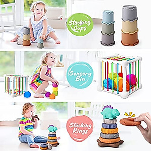 5 in 1 Baby Montessori Toys Set Include Shape Sorter Bin with Sound, Baby Tissue Box, Stacking Cups, Pull String Toy, Soft Stacking Rings, Sensory Toys for Infants Toddlers