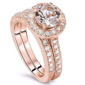 1 7/8CT Vintage Morganite & Diamond Engagement Wedding Ring Set 14K Rose Gold - Size 4